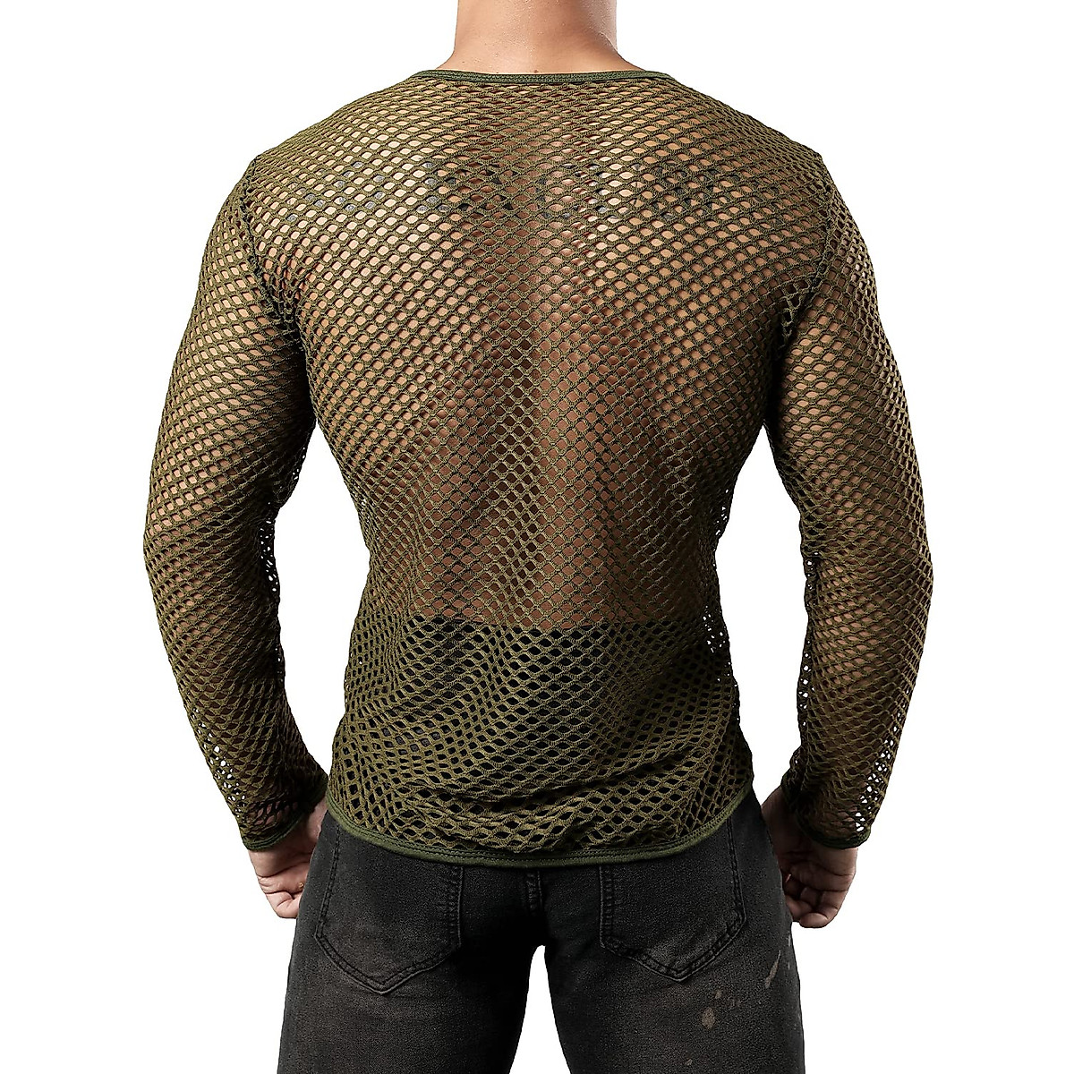 JOGAL Men's Mesh Fishnet Fitted Long Sleeve Muscle Top Small WG04 ArmyGreen