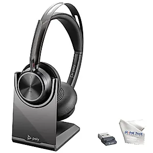 Plantronics Poly Voyager Focus 2 UC, Bluetooth Stereo Headset with Charge Stand, USB-A for Teams, Connects to Deskphone, PC/Mac, Smartphone - Global Teck Bundle w/Microfiber Cloth