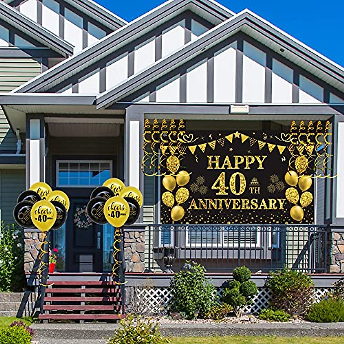 DARUNAXY 40th Wedding Anniversary Decorations, Large Happy 40th Anniversary Banner Backdrop 70 x 43 Inches, Black and Gold Party Balloons, Hanging Swirls for Indoor Outdoor Home Wall Party Supplies