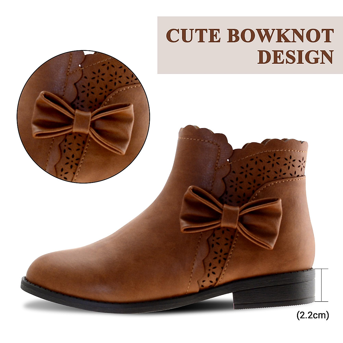 LseLom Girls Ankle Boots Kids Ankle Booties Bow Side Zipper Low Heel Outdoor Warm Shoes for Little Kids/Big Kids PU Brown Size 2