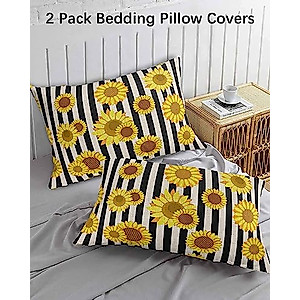 Edwiinsa Sunflower Pillow Covers Standard Size Set of 2 20x26 Bed Pillow, Summer Farmhouse Black and White Striped Plush Soft Comfort for Hair/Skin Cooling Pillowcases with Envelop Closure