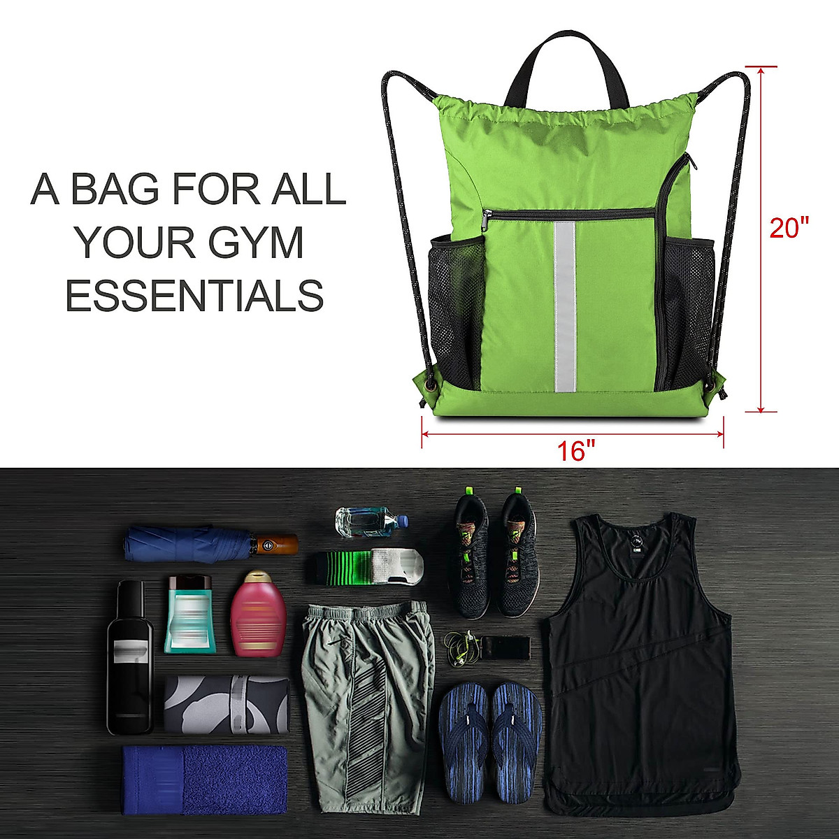 BeeGreen Cinch Bag Backpack String Gym Sackpack with Shoe Compartment and Two Side Mesh Pockets Large Lightweight Portable Sport Drawstring Sack