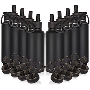 Volhoply 32oz Insulated Water Bottles Bulk 8 Pack with Straw Lid & Spout Lid,Stainless Steel Sports Water Bottle,Double Wall Vacuum Thermos,Leakproof Wide Mouth Metal Flask for Hiking,Camping(Black,8)