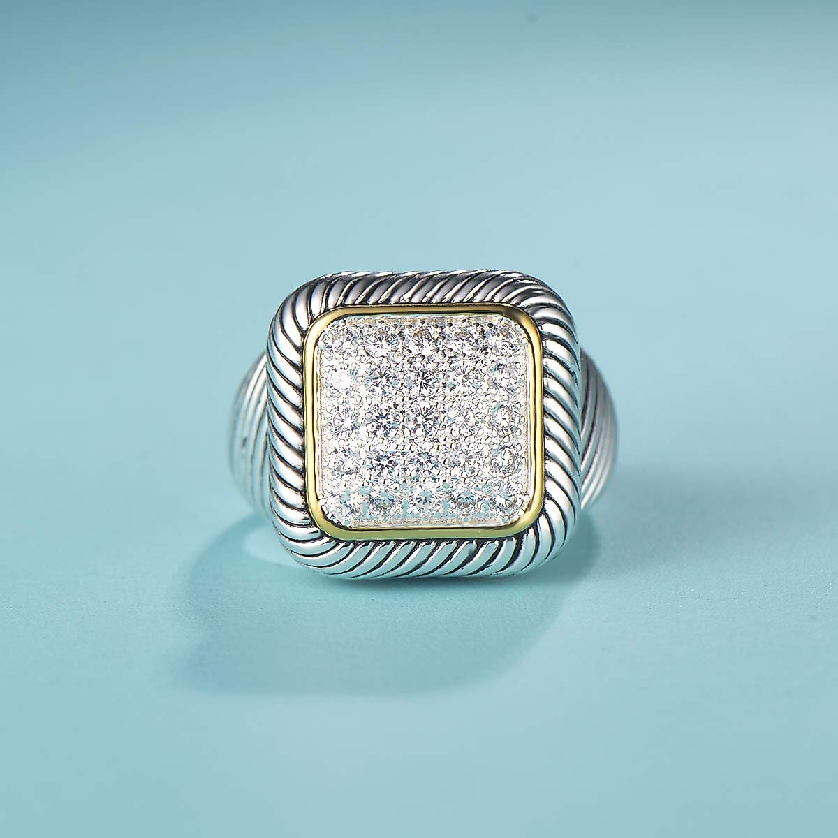 UNY Jewel Twisted Cable Ring Designer Inspired Fashion Brand David Square Pave CZ Women Two Tone Jewelry (White, 7)