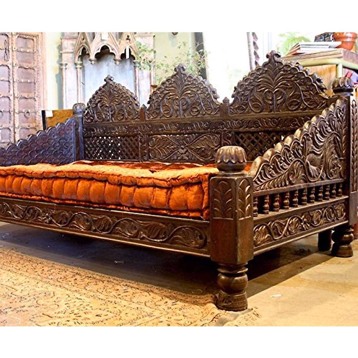 Worldcraft Industries Carved Arch DayBed. Medium Antique Finish. Twin XL Size. Handmade from Solid Mahogany Wood. Designed, Produced and Imported Indian Inspired Day Bed Sofa.