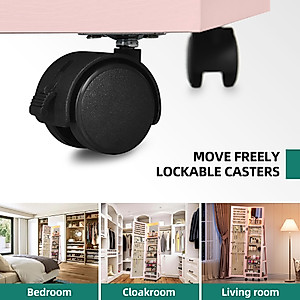 YITAHOME Mirror Jewelry Cabinet with Lights Standing Jewelry Armoire Storage Rotatable Full Length Mirror Jewelry Organizer Lockable Jewelry Armoire with Wheels for Bedroom, Cloakroom, Pink