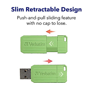 Verbatim 32GB Pinstripe USB 2.0 Flash Drive Retractable Thumb Drive - 5 Pack - Multicolor (Green, Blue, Red, Purple, Cyan)