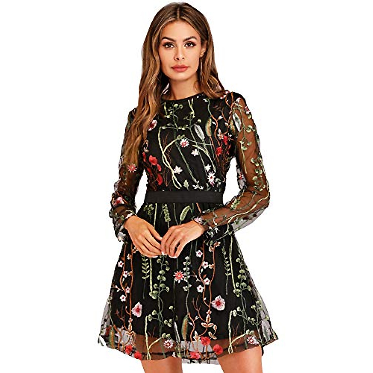 Milumia Women's Floral Embroidery Mesh Round Neck Tunic Party Dress Black Small