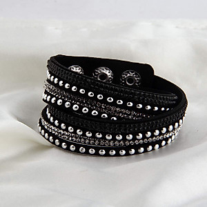 KUIYAI Wrap Leather Bracelet with Bling Bling Crystal Rhinestones and Snap buttons (Black)