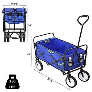 Arlopu Collapsible Folding Wagon Cart, Outdoor Park Utility Garden Wagon with 2 Cup Holders, Heavy Duty Portable Picnic Camping Cart for Shopping, Sport, Beach, Camping, Grocery, 150 LBS (Blue)