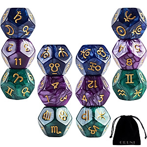 4 Set Tarot Cards Dice 12-Sided D12 Astrological Dice Resin Pearl Constellation Sign Dice for Astro Divination Gaming Accessories