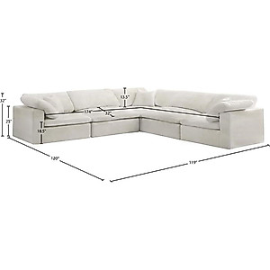 Meridian Furniture 634Cream-Sec5C Cozy Collection Contemporary Fiber Filled Comfort Overstuffed Velvet Upholstered Modular Sectional Seating for 5 Cream