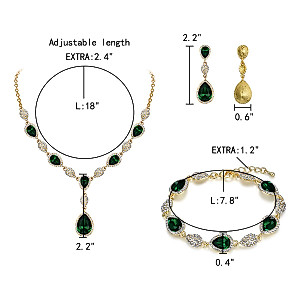 EleQueen Women's Wedding Bridal Jewelry Sets for Brides Bridesmaids, Cubic Zirconia Teardrop Necklace Tennis Bracelet Dangle Earrings Jewellery Set Emerald Color