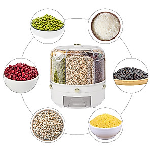 BuYouZaiLaa 6 Grids Grain Dispenser Rotatable Sealed Rice Food Dispenser Storage Bucket for Coffee Beans Dog Food Grains Dispenser White
