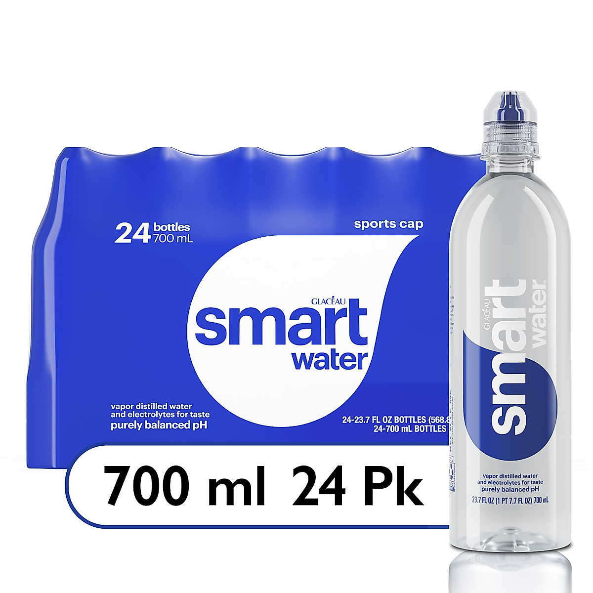 smartwater Smart Water Sports Cap, 700ml, 24 Pack, 23.7 Fl Ounce (Pack of 24)