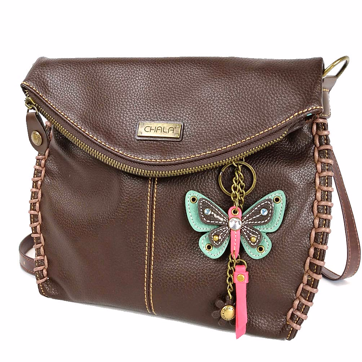 CHALA Charming Crossbody Mid Size Handbag with Mini Butterfly/Dragonfly Key fob (Dark Brown)