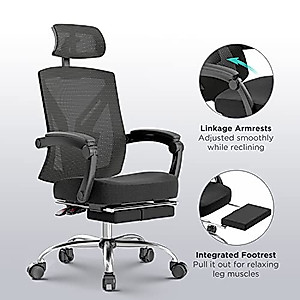 Hbada Ergonomic Office Chair High Back Desk Chair Recliner Chair with Lumbar Support Height Adjustable Seat, Headrest- Breathable Mesh Back Soft Foam Seat Cushion with Footrest, Black
