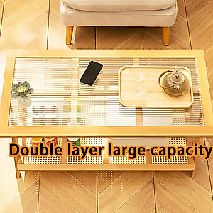 CUPKEE Bamboo Solid Wood End Table, Glass Table End Tables, Double Layer Large Capacity Sofa Side Cabinet with Storage for Living Room, Balcony, Bedroom