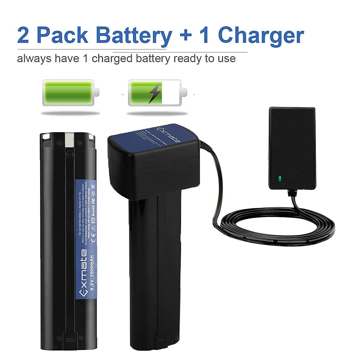 Exmate 2Pack 9.6V 3.5Ah Ni-MH Replacement Battery with Multivolt 1.2V-18V Ni-MH/Ni-CD Battery Charger Compatible with Makita 9000 9001 9002 9033 9600 193890-9 192696-2 632007-4