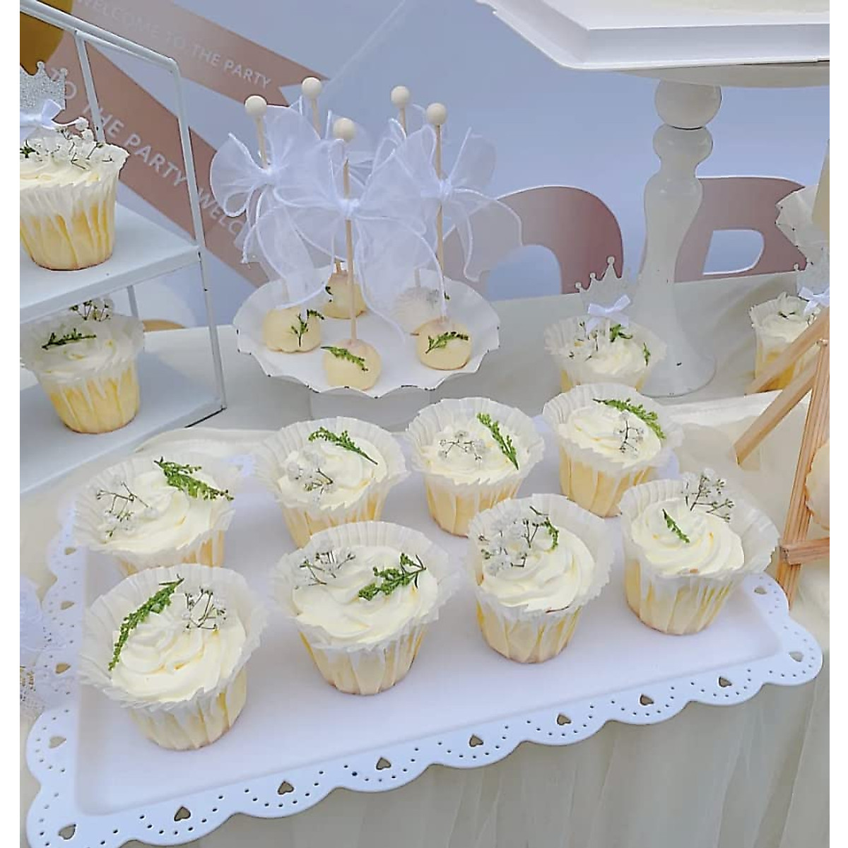 Set of 4 Dessert Stand Set, 3 Tiers White Plastic Cupcake Stand Holder & Rectangle Plastic Party Serving Trays/Platters for Wedding Birthday Baby Shower Tea Party Buffet