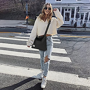 JOSEKO Women Lightweight Canvas Shoulder Bag, Large Size Hobo Crossbody Handbag Casual Tote Shopping Travel Bag (Black)