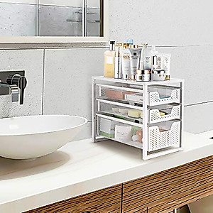 Simple Trending 3-Tier Under Sink Cabinet Organizer with Sliding Storage Drawer, Desktop Organizer for Kitchen Bathroom Office, Stackbale,White