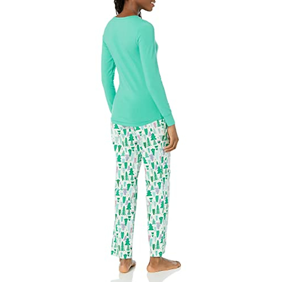 Amazon Essentials Women's Lightweight Flannel Pant and Long-Sleeve T-Shirt Sleep Set, Ecru Festive Tree, Large