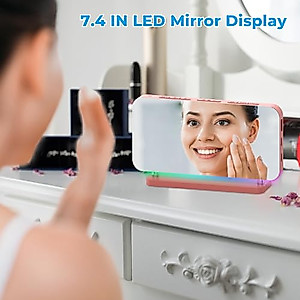 Poeroa RGB Digital Alarm Clock,7.4 in LED Desk Clock with Night Light,USB C Charger Port,Auto Dimming,Acrylic Mirror Clock for Teens Girl Adults Bedroom Decor - Pink