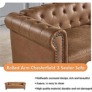 LAVHOME Chesterfield 3 Seater Velvet Button Tufted Sofa, Upholstered Couch with Nailhead Arms Solid Wood Legs for Living Room Office Bedroom Apartment (Brown)