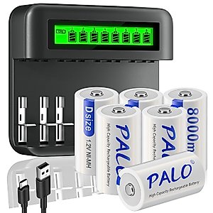 Rechargeable D Batteries with LCD Display Universal Battery Charger for AA/AAA/C/D 1.2V NI-MH NI-CD Rechargeable Battery（6 Pack ）