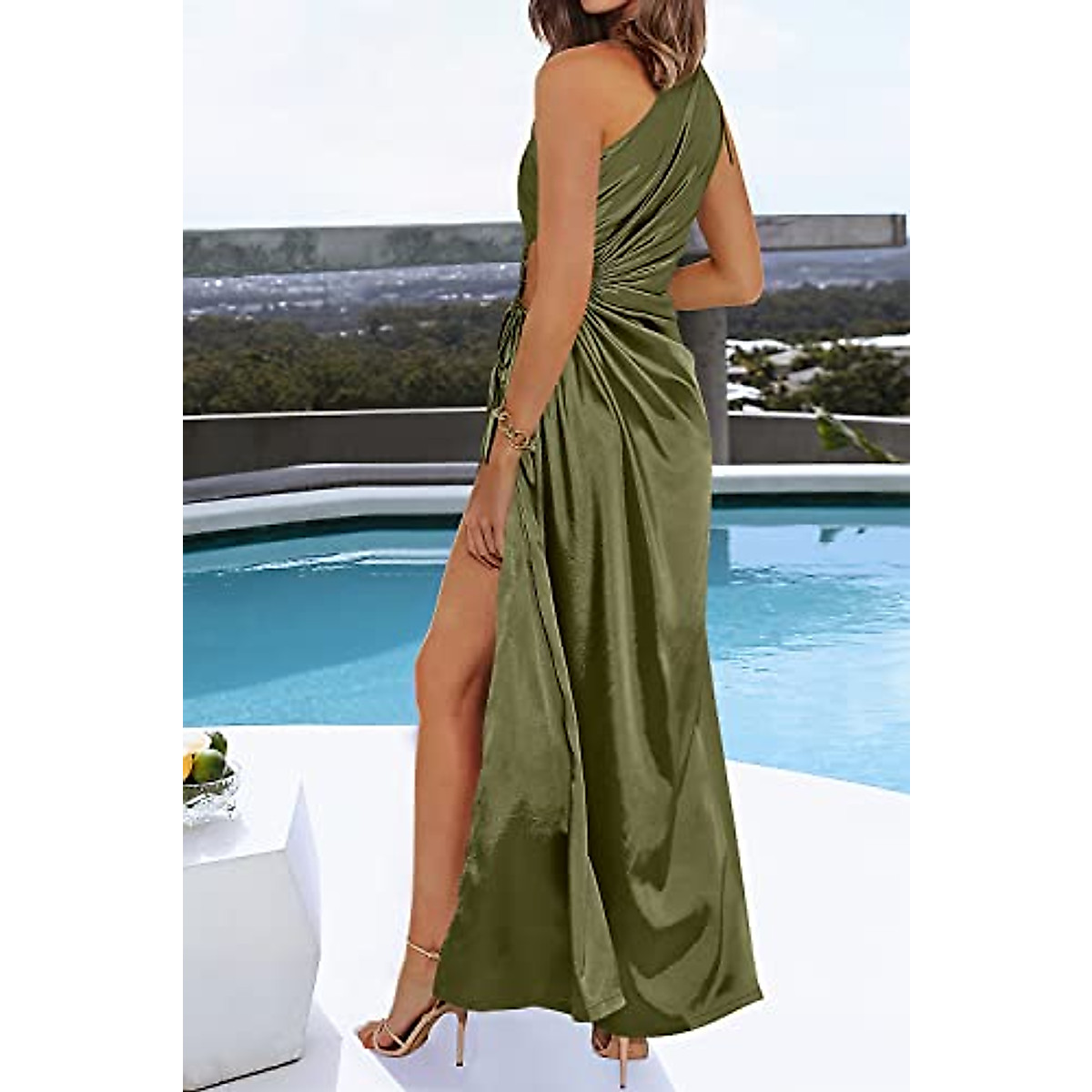 PRETTYGARDEN Women's 2023 Summer One Shoulder Satin Dress Cutout High Split Cocktail Wedding Guest Maxi Dresses (Dark Army Green,Medium)