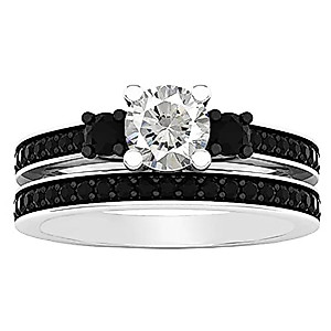 Dazzlingrock Collection 5 MM Center Round Lab Created White Sapphire with Natural Black Diamond Three Stone Engagement Ring Set for Women | 925 Sterling Silver, Size 7.5