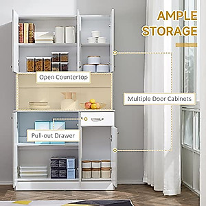 HOMCOM 71" Freestanding Buffet with Hutch, Kitchen Storage Cabinets, Pantry with 6 Doors, 3 Adjustable Shelves, and Drawer for Living Room, White
