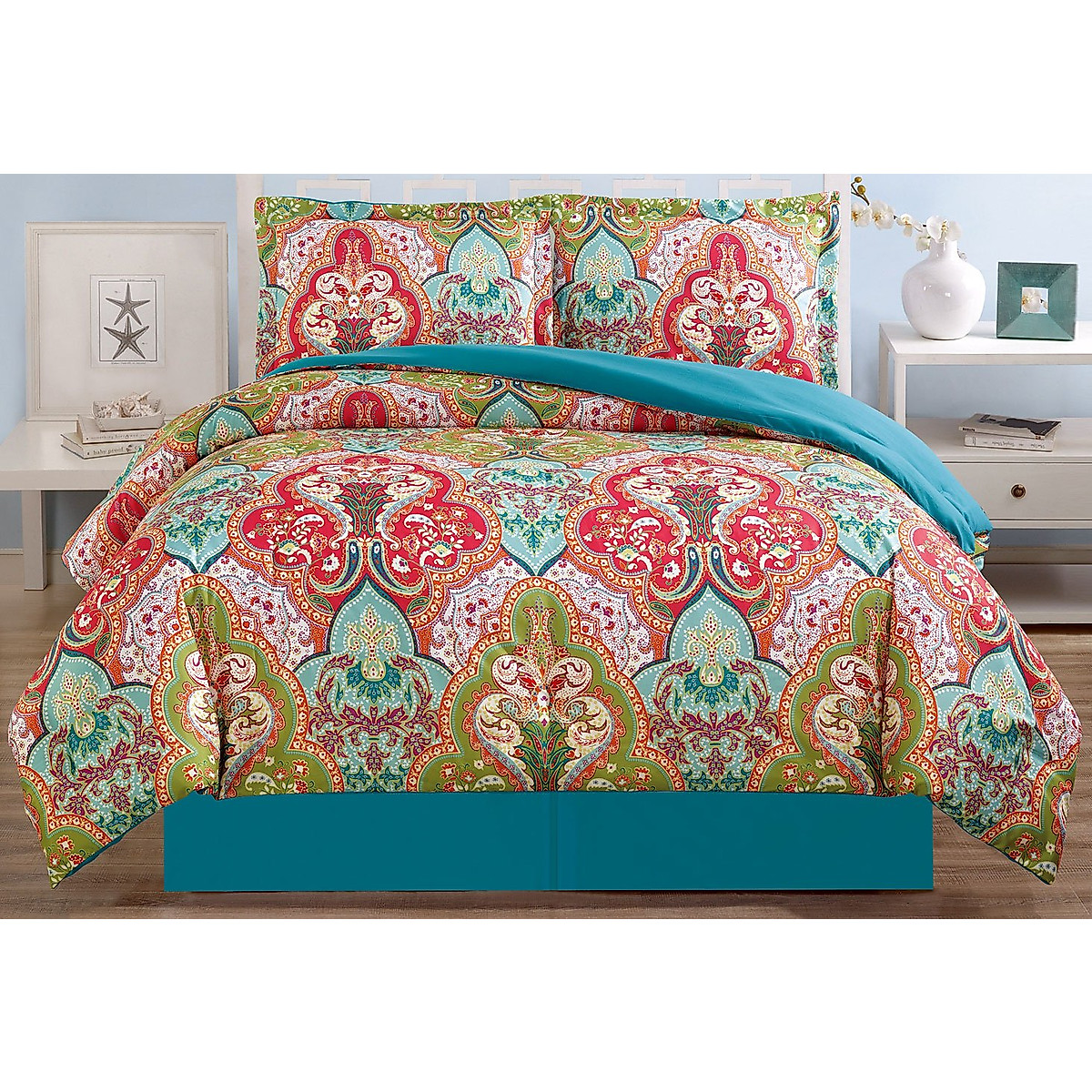3-Piece Fine Printed Duvet Cover Set Queen Size - Double Brushed Soft Microfiber - Luxury and Durable in Turquoise Blue, Sage Green, Orange and Red Colors