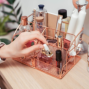 Rose Gold Desk Organizer for Women Cute Home Office Accessories & Supplies Decor, Girly Desktop Stationary Essentials Organization Set, Mesh Caddy Storage 5 Compartments +1 Mini Sliding Drawer