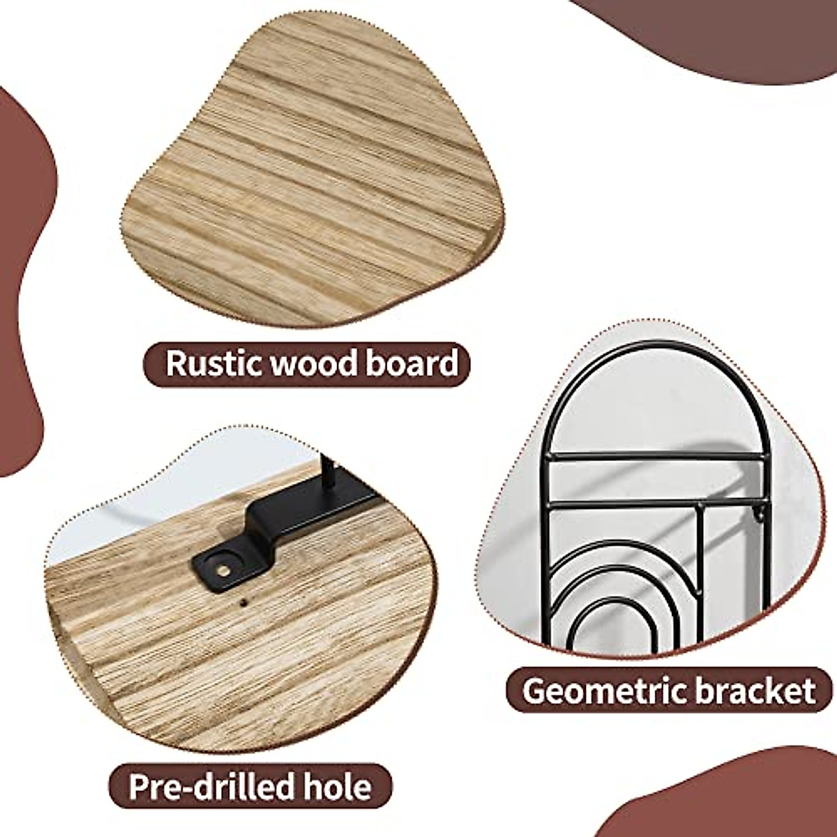 Sapowerntus Floating Shelves 2 Tier Wall Mounted with Hooks, Mid Century Modern Bathroom Kitchen Rustic Wood Hanging Shelf, Coffee Bar Display Storage Decor, Arched Geometry Bracket Design