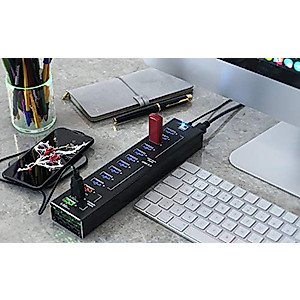 LATORICE USB Hub Powered, 13 Multi-Port USB Hub with 10 USB 3.0 Ports 2 IQ Quick Charge Ports, and Port with up to 2,4A Power, Powered USB Splitter with Cords C and A, Unibody Aluminum USB HUB