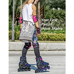 2pm Sports Vinal Girls Adjustable Inline Skates with Light up Wheels Beginner Skates Fun Illuminating Roller Skates for Kids Boys and Ladies - Violet Medium(1Y-4Y US)