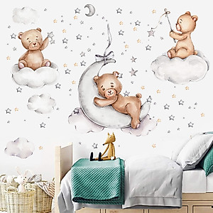 Bear Sleeping on The Moon and Stars Wall Stickers for Kids Room Decals Sweet Dream Moon Star Nursery Decor Baby Toddler Girls Shower Room Interior Decor Kid Playroom Wall Decals (23.6in x 35.4in)