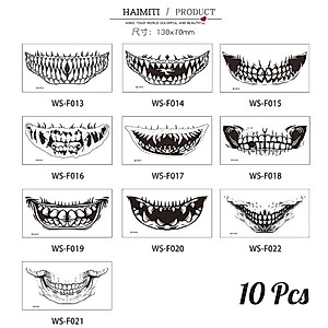 Halloween Mouth Teeth Tattoo Sticker, Halloween Temporary Tattoos Face Decals, 10Pcs Black White Horror Mouth Face Tattoo Lip Stickers, Halloween Cosplay Party Masquerade Prank Makeup Props