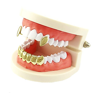 Psivika Gold Plated Shiny Hip Hop Teeth Grillz Caps Iced Out CZ Top and Bottom Vampire Fangs Grillz for Men and Women (Gold)