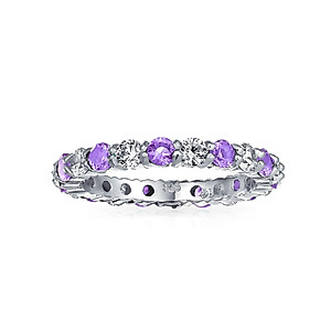 Bling Jewelry Cubic Zirconia Purple White Alternating Stackable CZ Eternity Band Ring For Women Simulated Amethyst .925 Sterling Silver February Birth Month