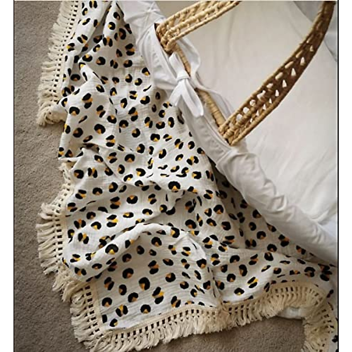 CHUNGEL Cotton Baby Muslin Tassles 40"x 47", Baby Receiving Blanket with Fringe, Boho Muslin Swaddle Blanket with Fringe