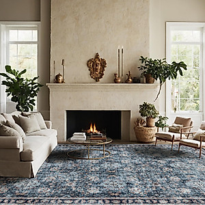 Domitapis Area Rug 9×12, Large Vintage Boho Rug,Ultra-Soft Low Pile, Washable, Non Slip,Stain Resistant, Printed Carpet for Living Room Bedrooms Playroom Office Kitchen,Navy/Floral