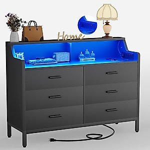 Hyomdeck 6 Drawer Dresser for Bedroom, Wooden Chest of Drawers with Power Outlets and Smart LED Light, Sturdy Modern Bedroom Furniture, Wide Storage Dresser for Living Room, Closet, Entryway, Black