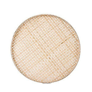 100% Handwoven Flat Wicker Round Fruit Basket Woven Food Storage Weaved Shallow Tray Organizer Holder Bowl Decorative Rack Display Kids DIY Drawing Board (Sqaure Hollow-Bamboo White, 42cm/16.5")