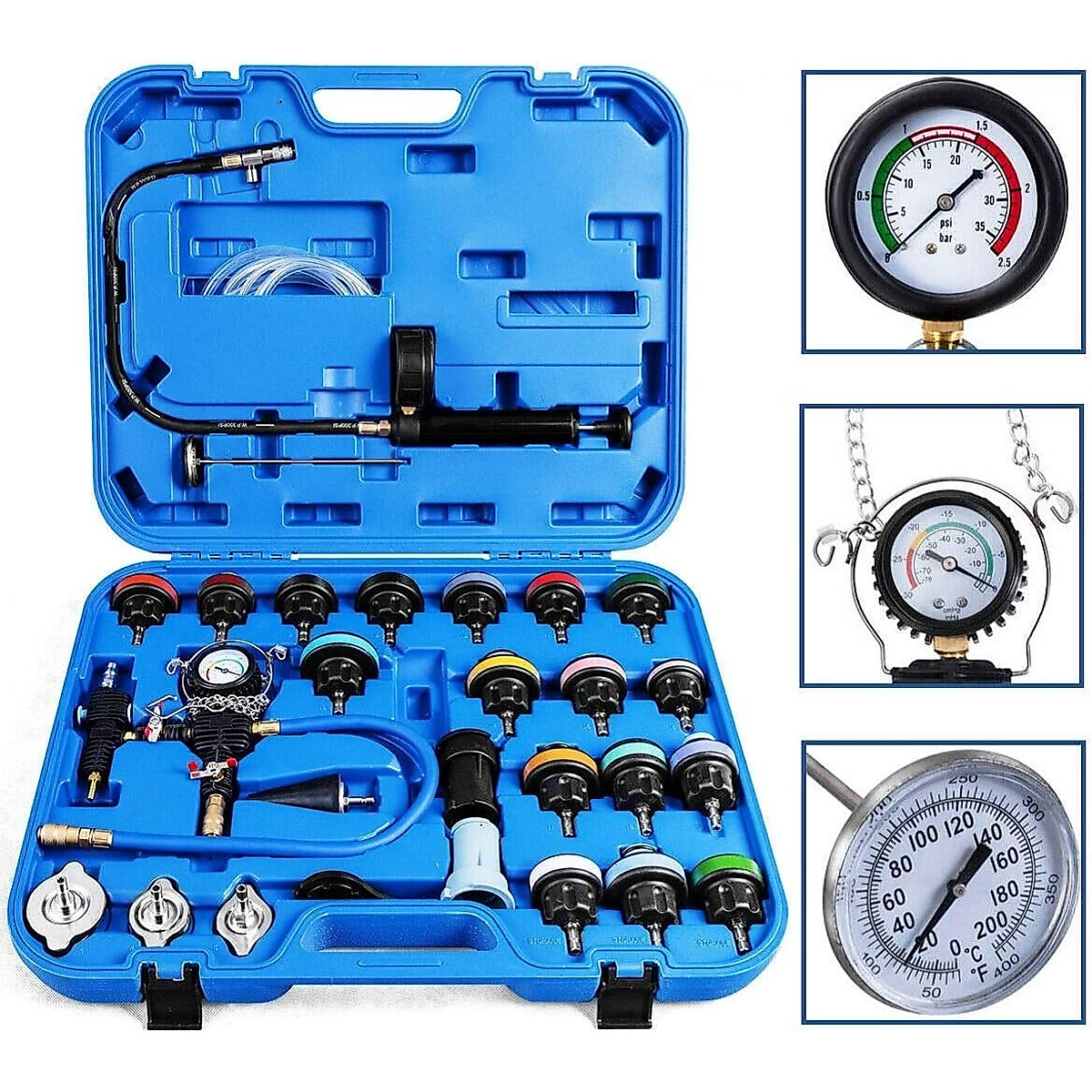 Lucky Seven 28 Pcs Universal Radiator Pressure Tester, Vacuum Type Cooling System Tool Kit w/Carrying Case,Pressure Tester Kit,Cooling System Pressure Tester Kit