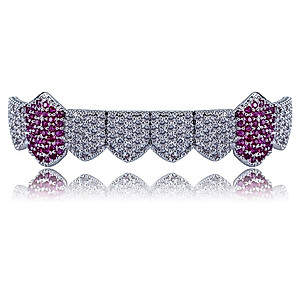 JINAO Silver Bottom 8 Teeth Grillz for Your Teeth 18K Gold Plated Iced Out Cubic Zirconia Fake Diamond Hip Hop Mouth Grill for Women Men(White Gold Pink)