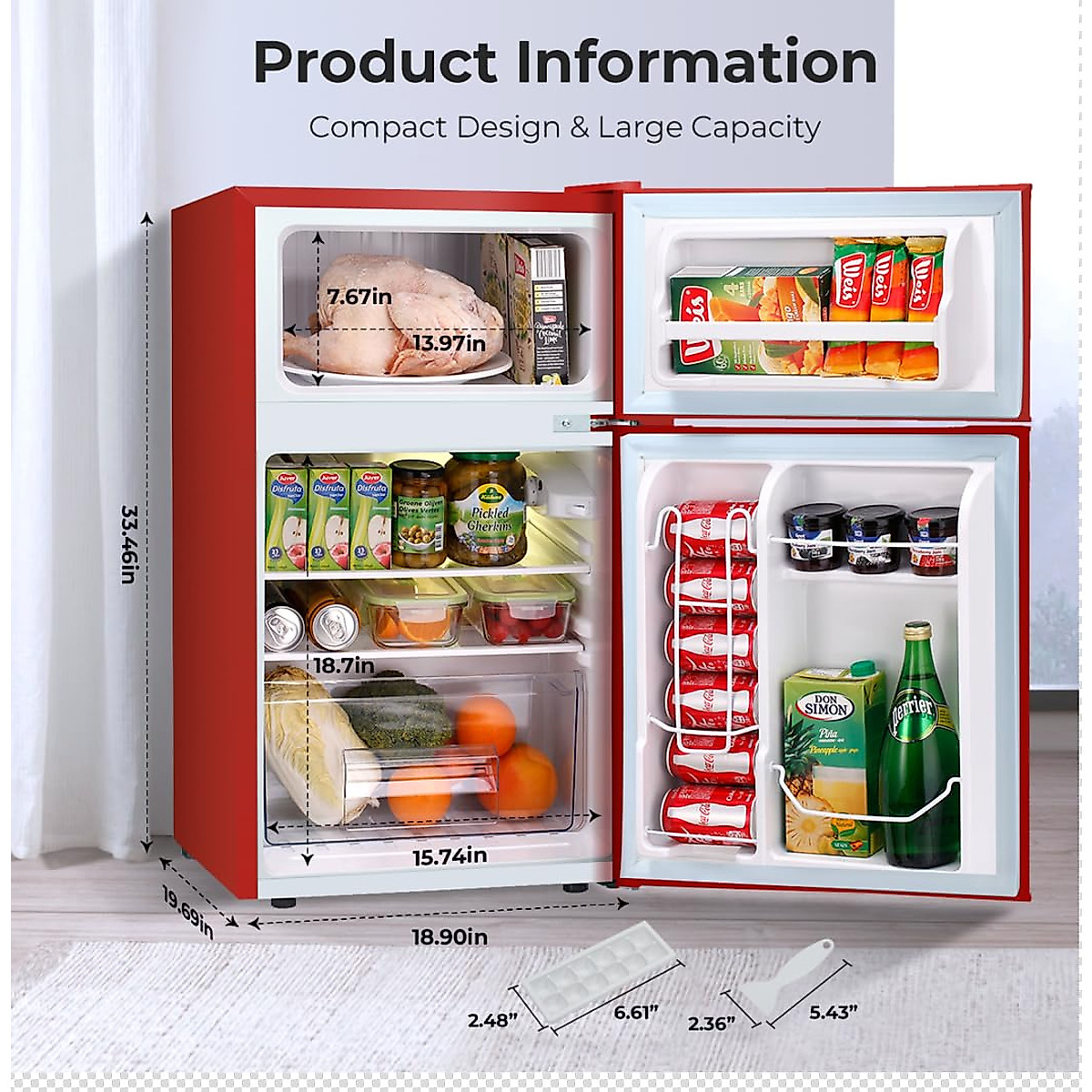 R.W.FLAME mini Refrigerator with Freezer,Retro Small Fridge 3.2 Cu.Ft Double 2-Door,Energy Saving,Mini Refrigerator, Adjustable Removable Shelves,retro mini fridge for bedroom,Office, Home, Red