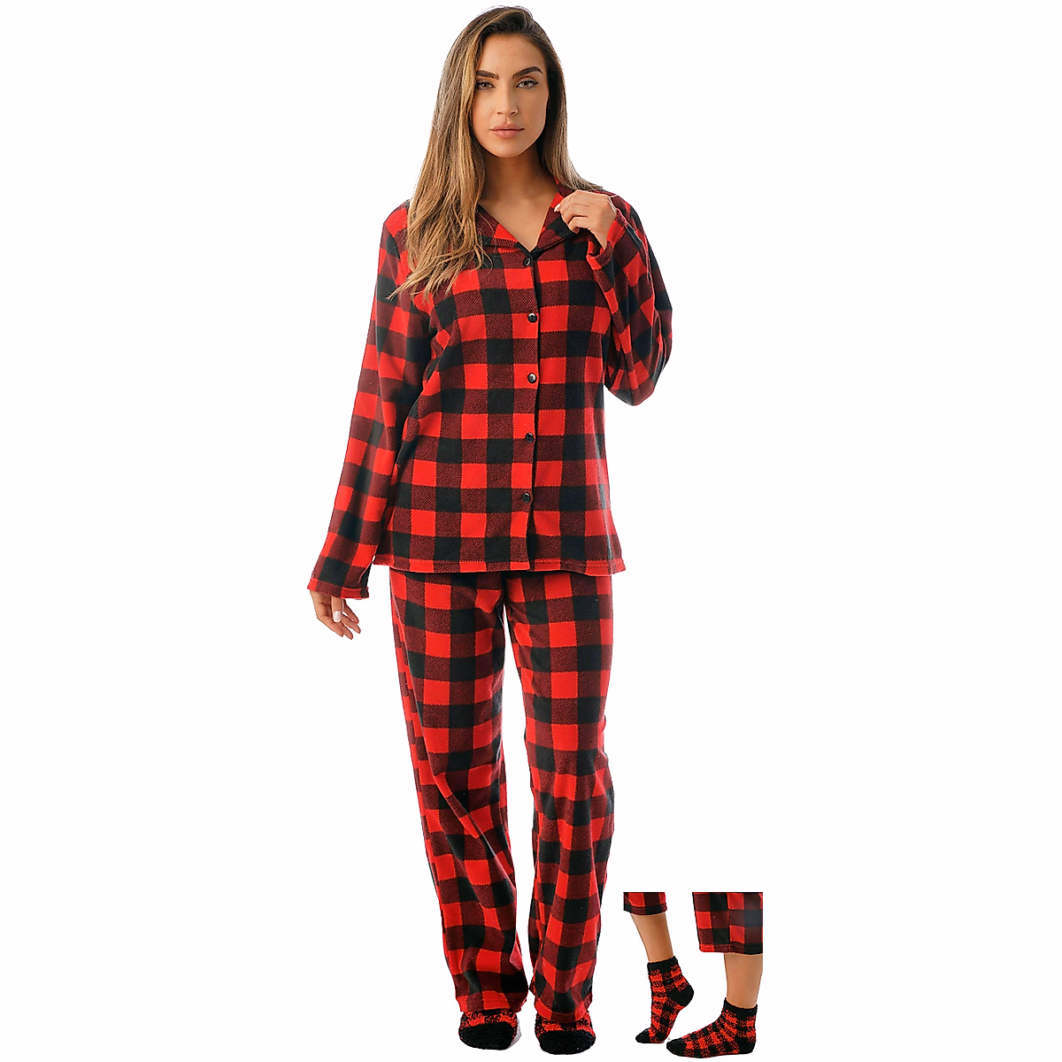 #followme Printed Microfleece Button Front PJ Pant Set with Socks 6370-10195-S, Red Black - Buffalo Plaid